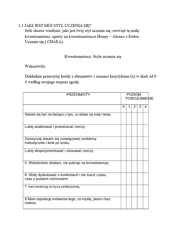 Test Stylów Uczenia Się | PDF
