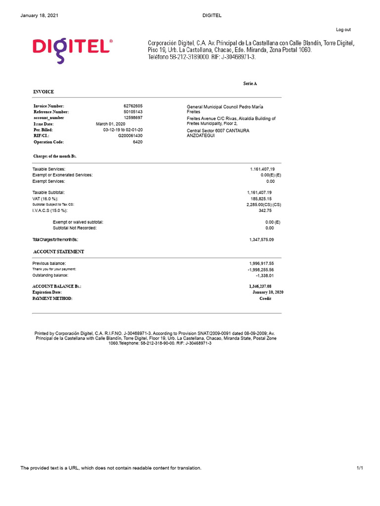 0010 Digitel Invoice January 2020 | PDF | Invoice | Economies