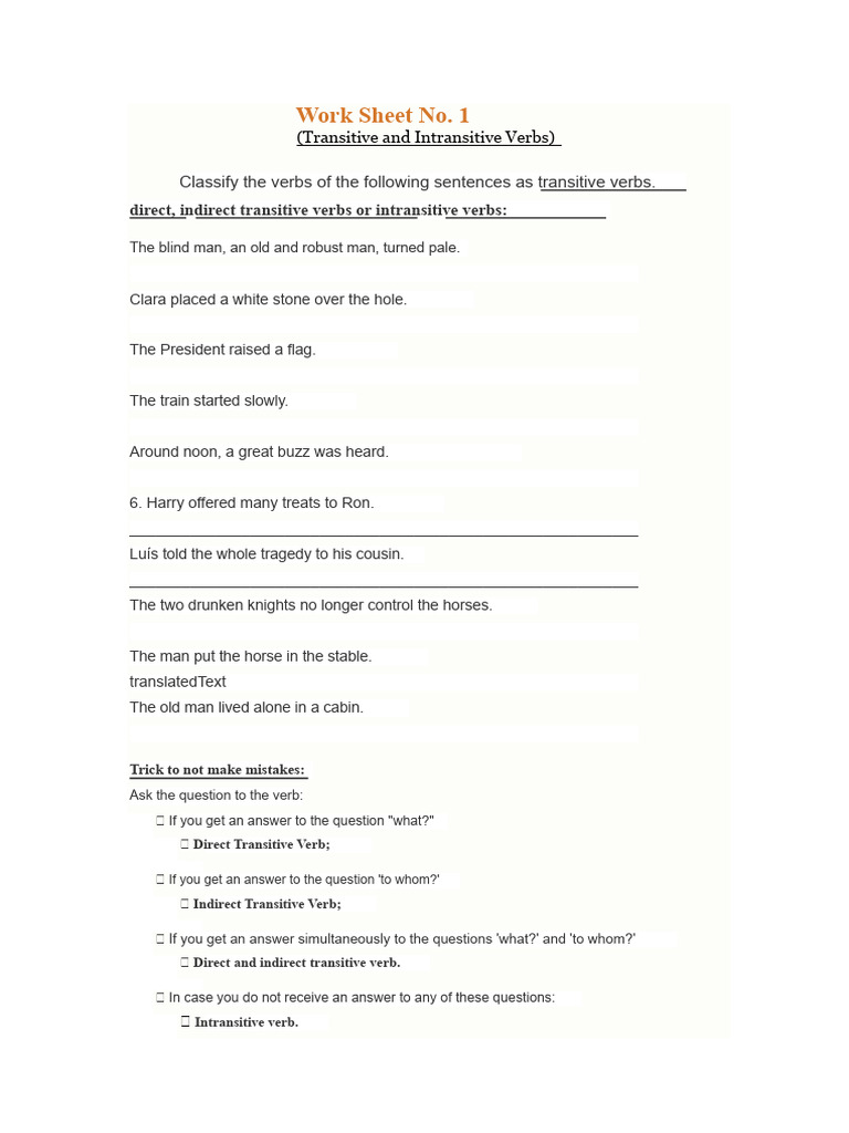 Work Sheet No. 1 (Transitive and Intransitive Verbs) | PDF