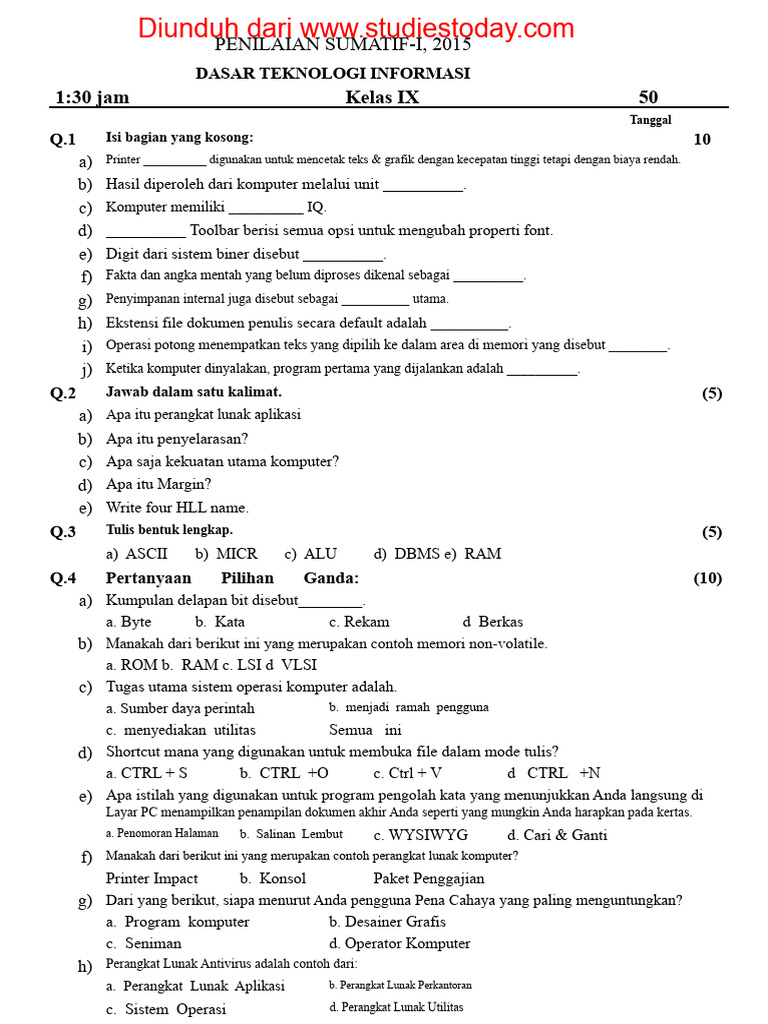 Contoh Soal Ilmu Komputer Kelas 9 CBSE 2017 | PDF
