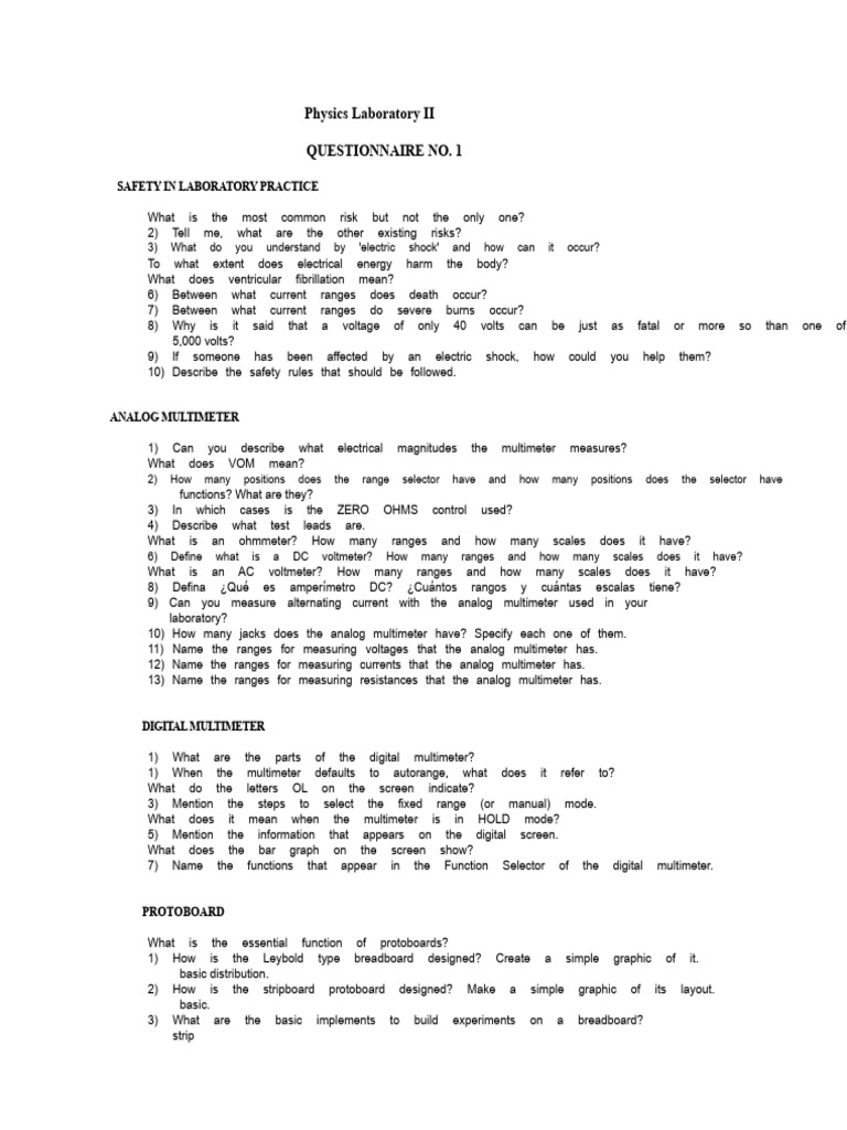 QUESTIONNAIRE 1 of Physics Laboratory | PDF | Power Supply | Voltage