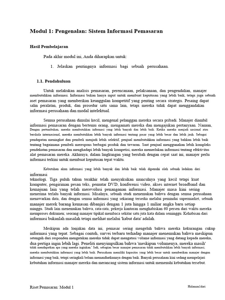 Modul 1 Pengenalan Sistem Informasi Pemasaran | PDF