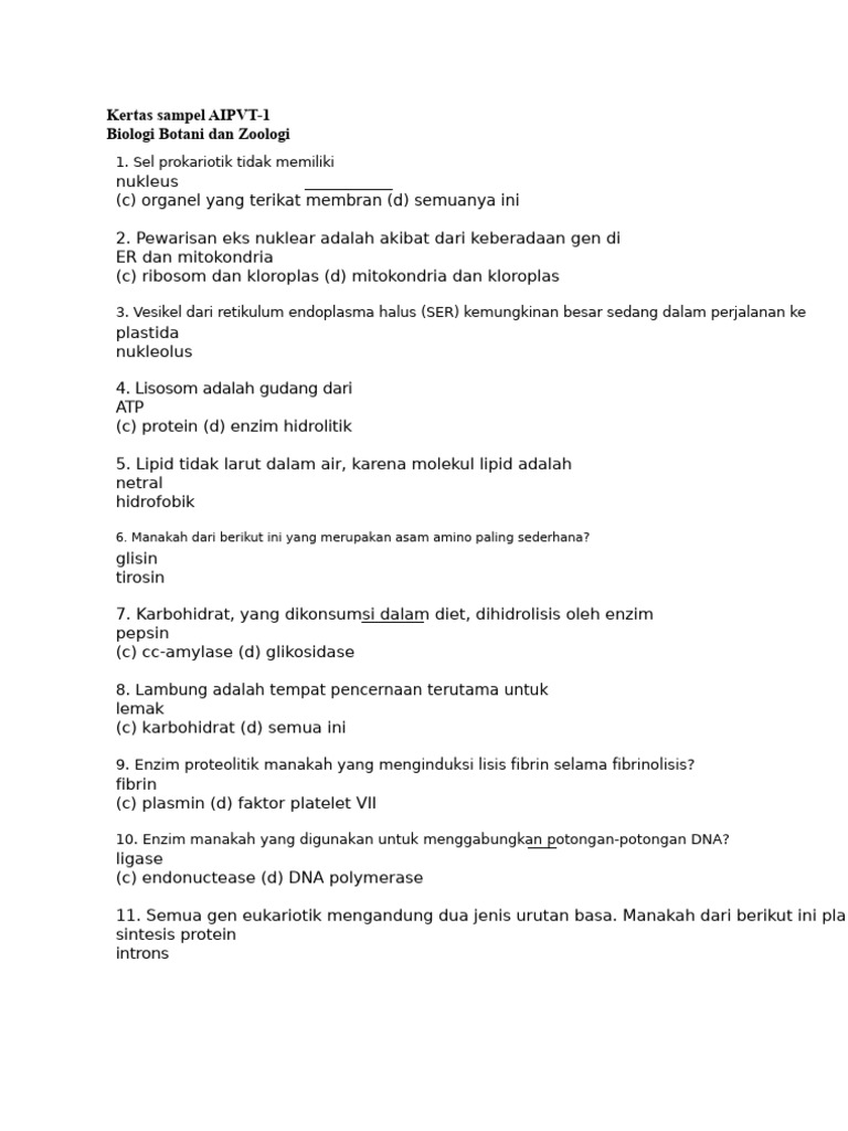 Contoh Soal AIPVT-1 (Biologi Botani Dan Zoologi) | PDF