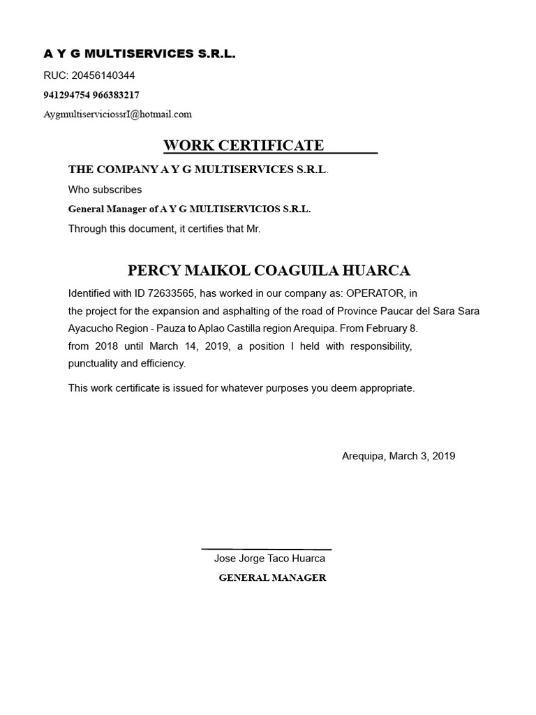 Work Certificate - Docx Multi Services | PDF