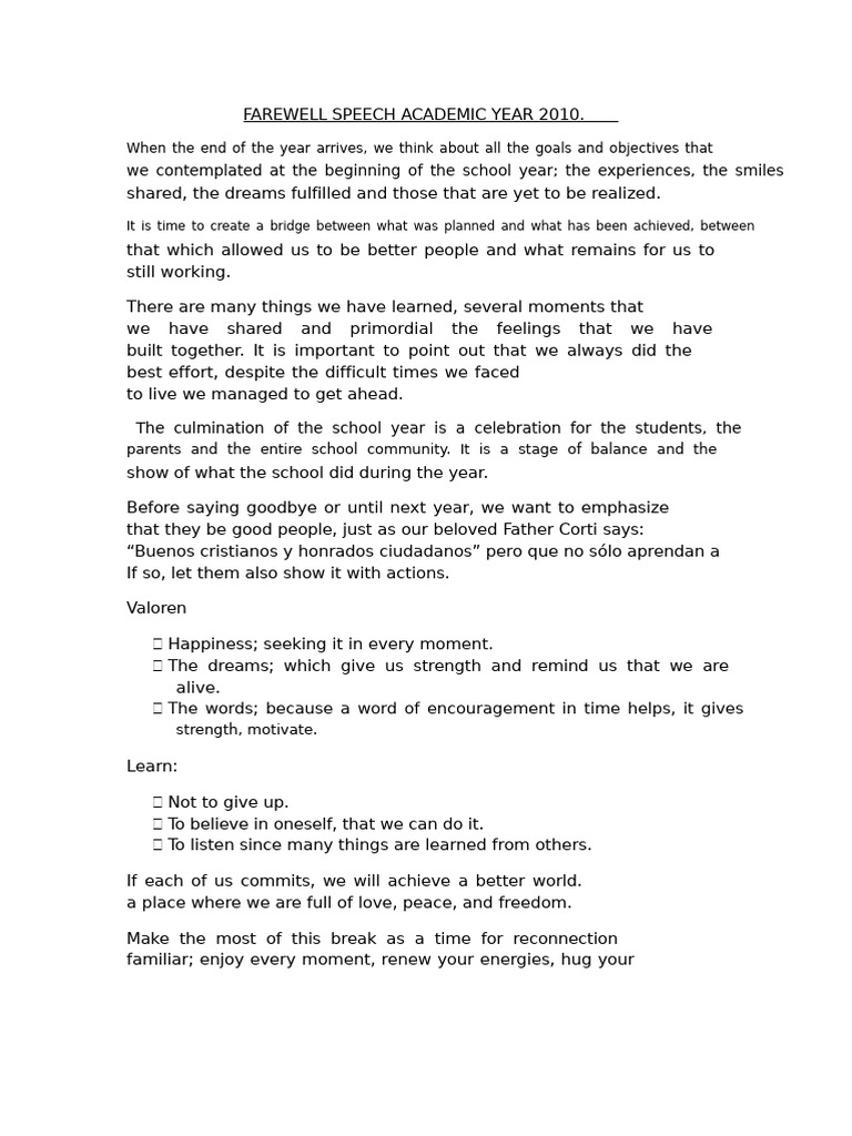 Farewell Speech Academic Year 2 | PDF