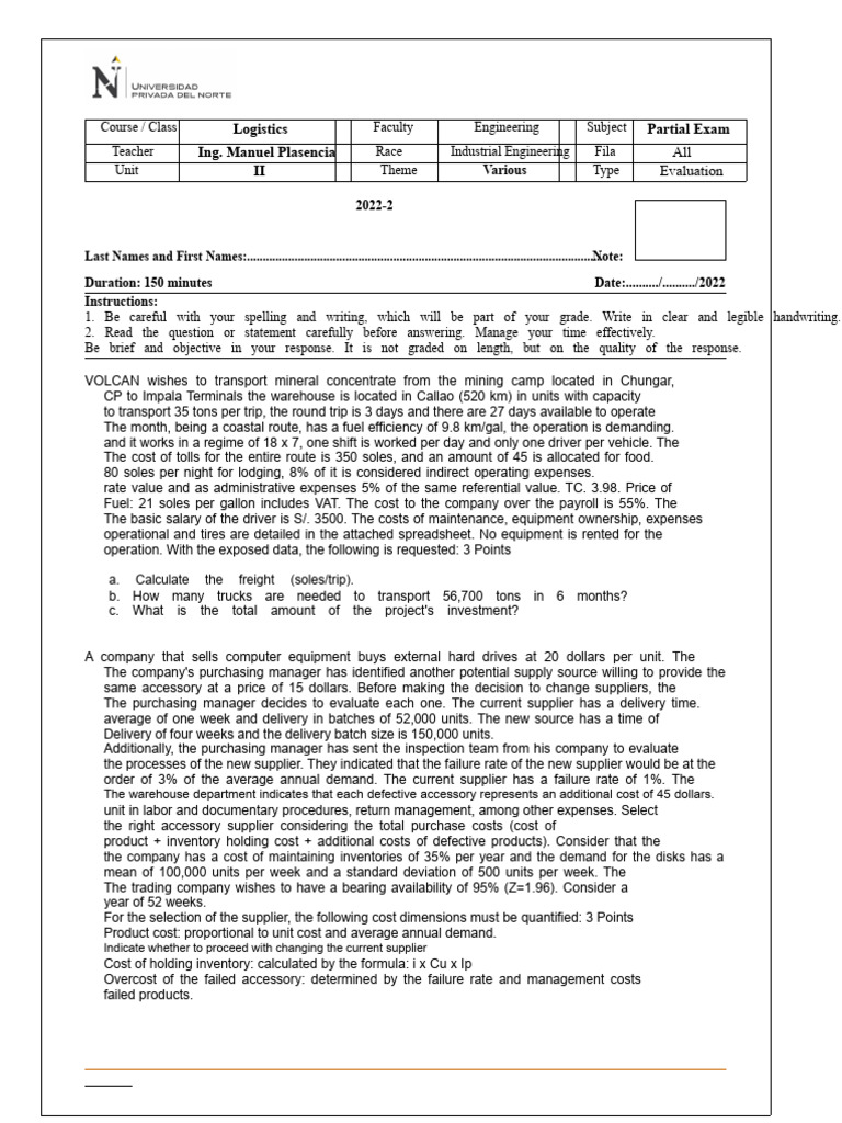 MIDTERM EXAM Logistics 2022-2 | PDF | Warehouse | Inventory
