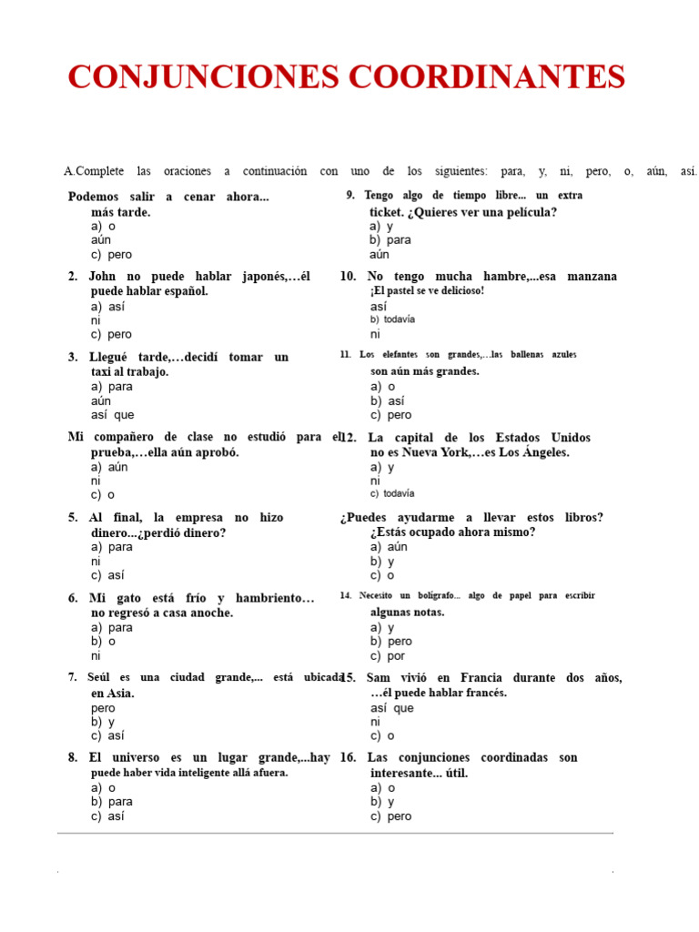 Ejercicios de Conjunciones Coordinantes | PDF