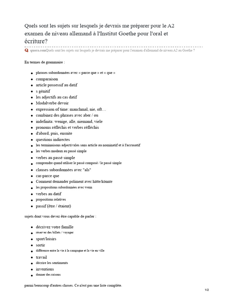 Sujets pour l'examen A2 allemand au Goethe | PDF
