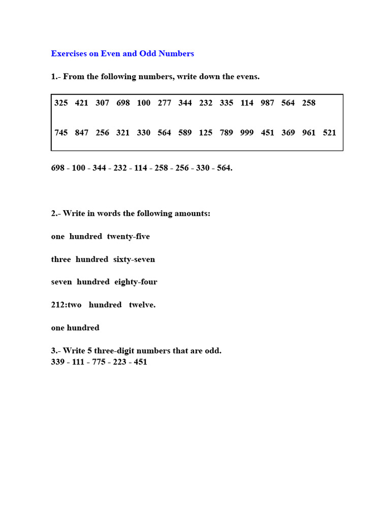 Exercises On Even and Odd Numbers | PDF