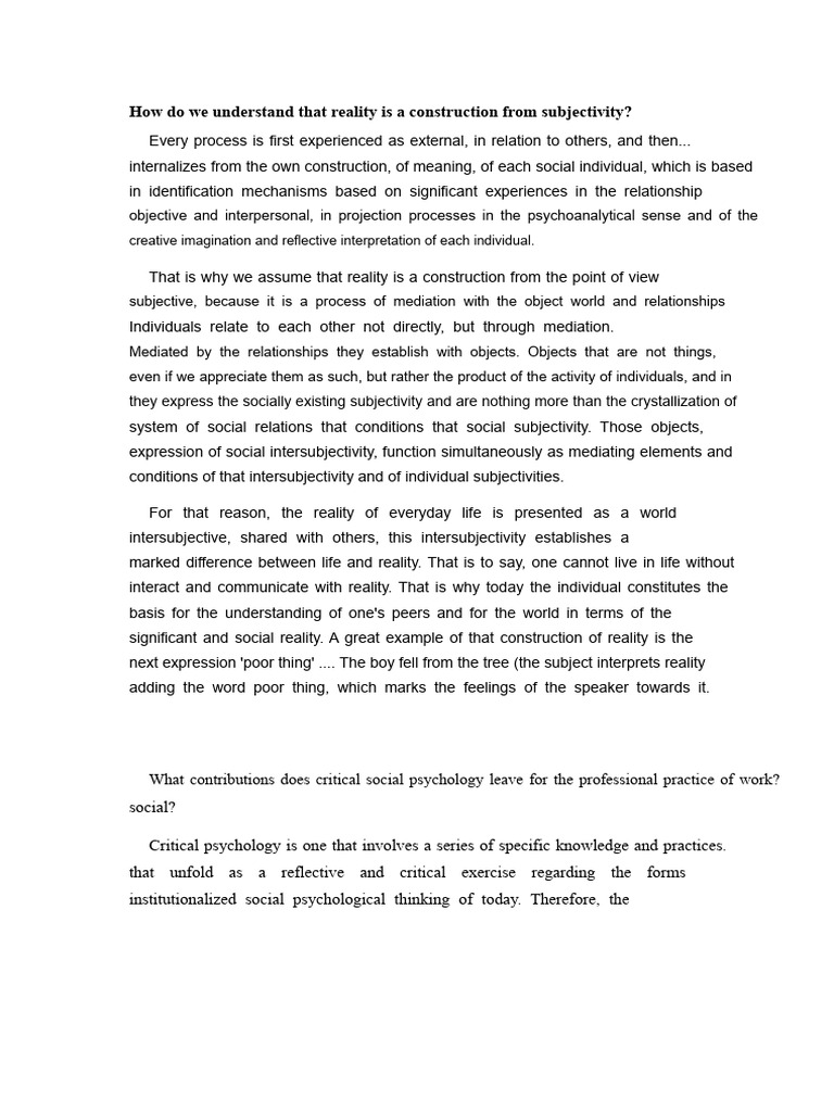 How Do We Understand That Reality Is A Construction From Subjectivity ...