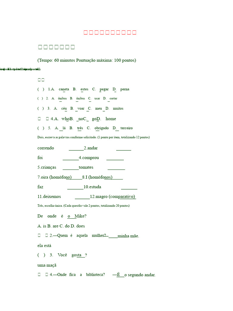 Versão Mais Recente Do PEP, Prova de Inglês Do Sexto Ano Do Ensino Fundamental para o Ingresso ...