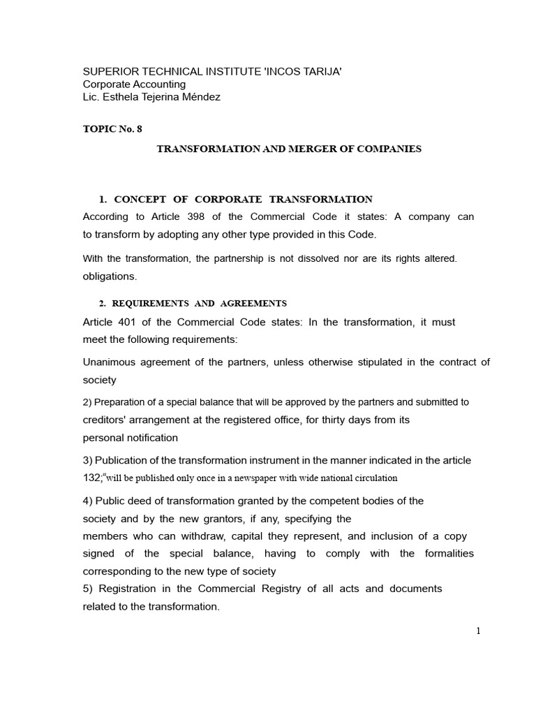 TOPIC No. 8 TRANSFORMATION AND MERGER OF COMPANIES | PDF | Mergers And ...