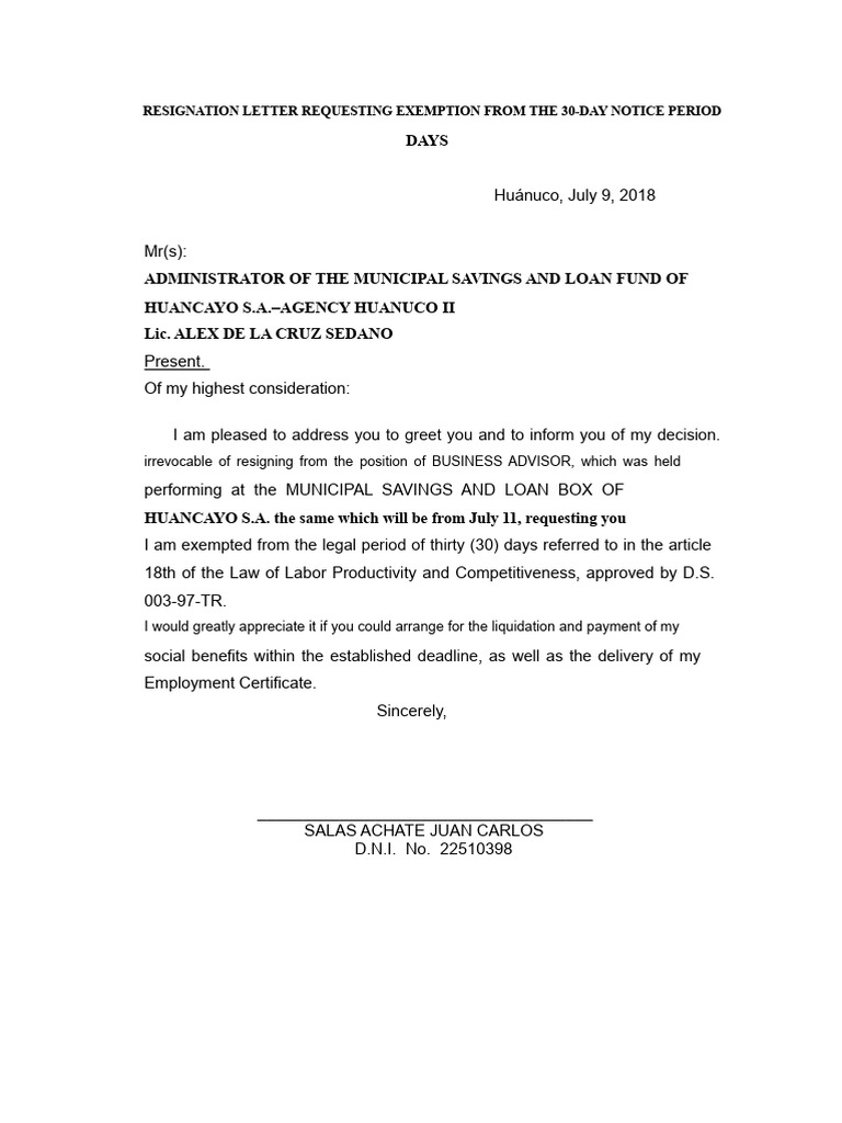 Resignation Letter Requesting Exemption From The 30-Day Notice Period | PDF