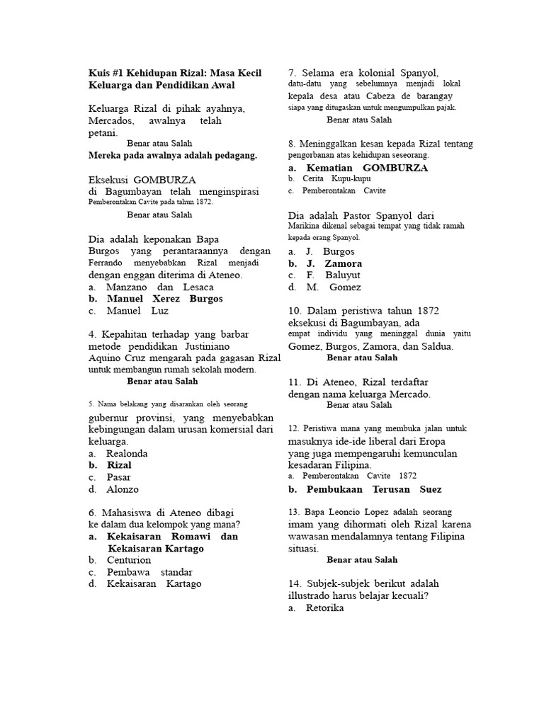 Keluarga Dan Pendidikan Awal: Kuis #1 Kehidupan Rizal: Masa Kecil | PDF