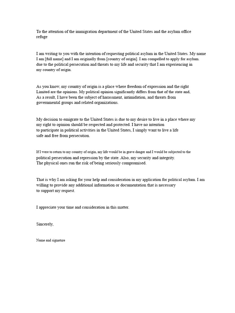 Political Asylum Request Sample | PDF