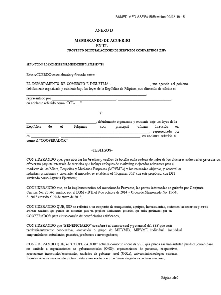 Anexo 1a - Memorando de Acuerdo Del Proyecto SSF | PDF | Seguro | Organización no gubernamental
