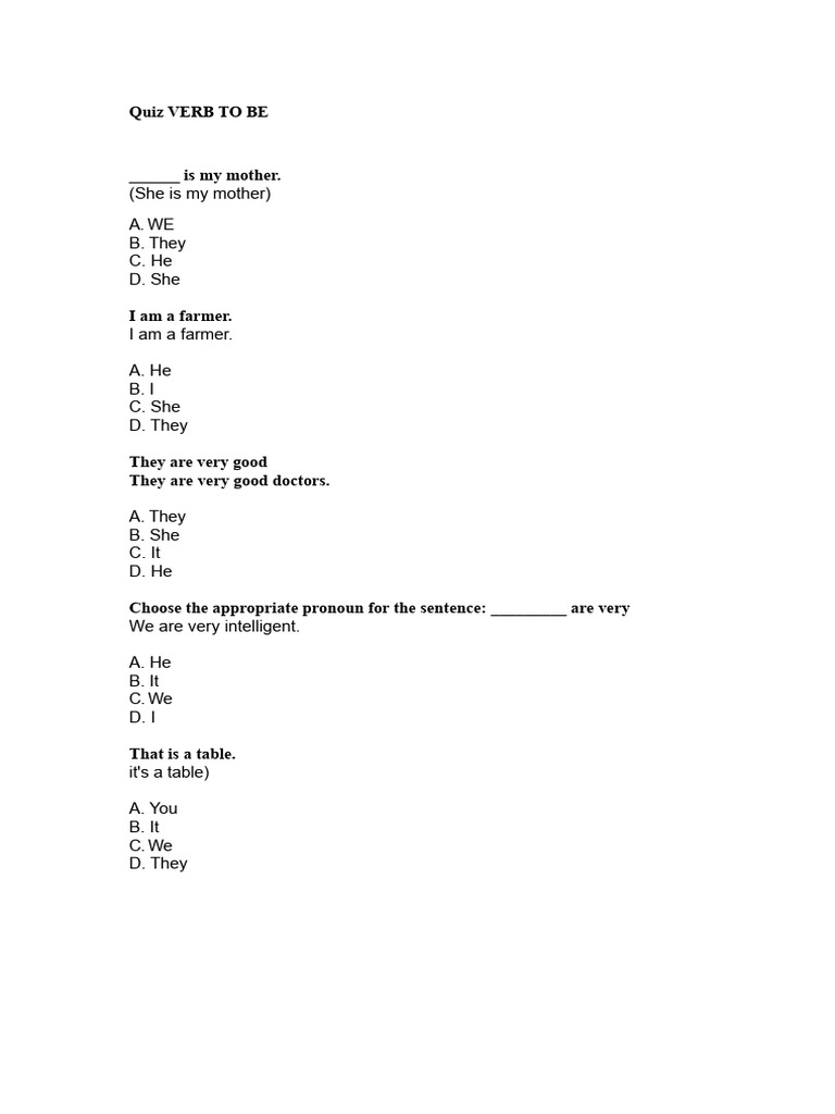 Quiz on Verb "To Be" Usage | PDF