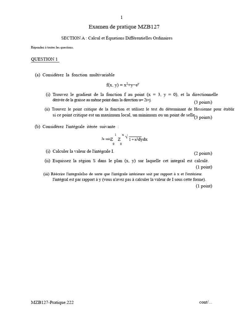 Examen de pratique MZB127: Mathématiques avancées | PDF | Équations ...