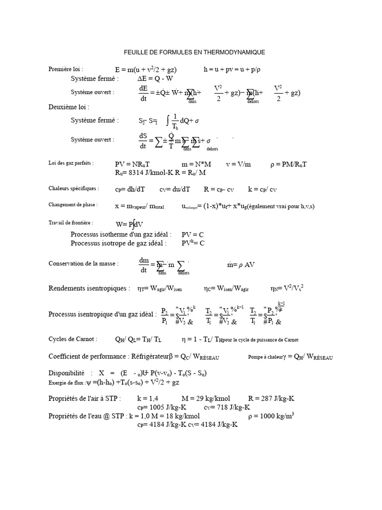 Formules essentielles en thermodynamique | PDF | Mécanique | Phénomène ...