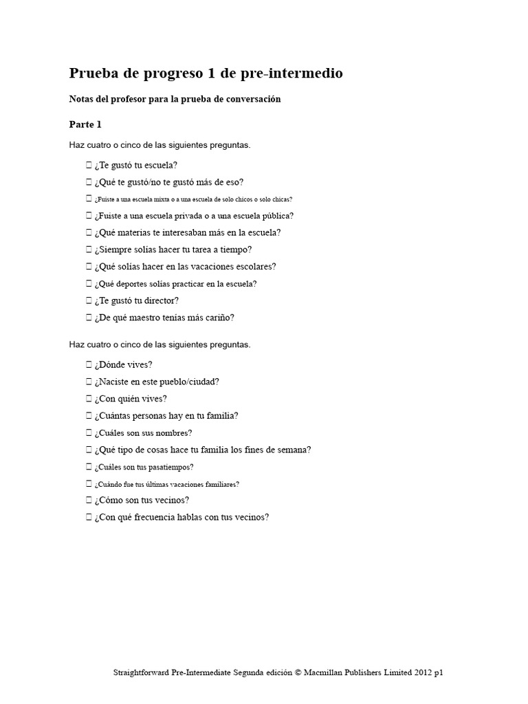 Prueba de Progreso de Habla 1 de Nivel Elemental | PDF