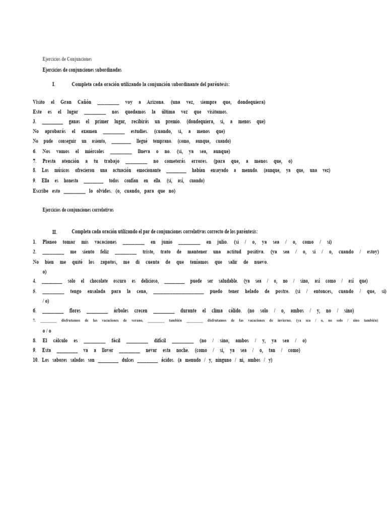 Hoja de Ejercicios de Conjunciones | PDF