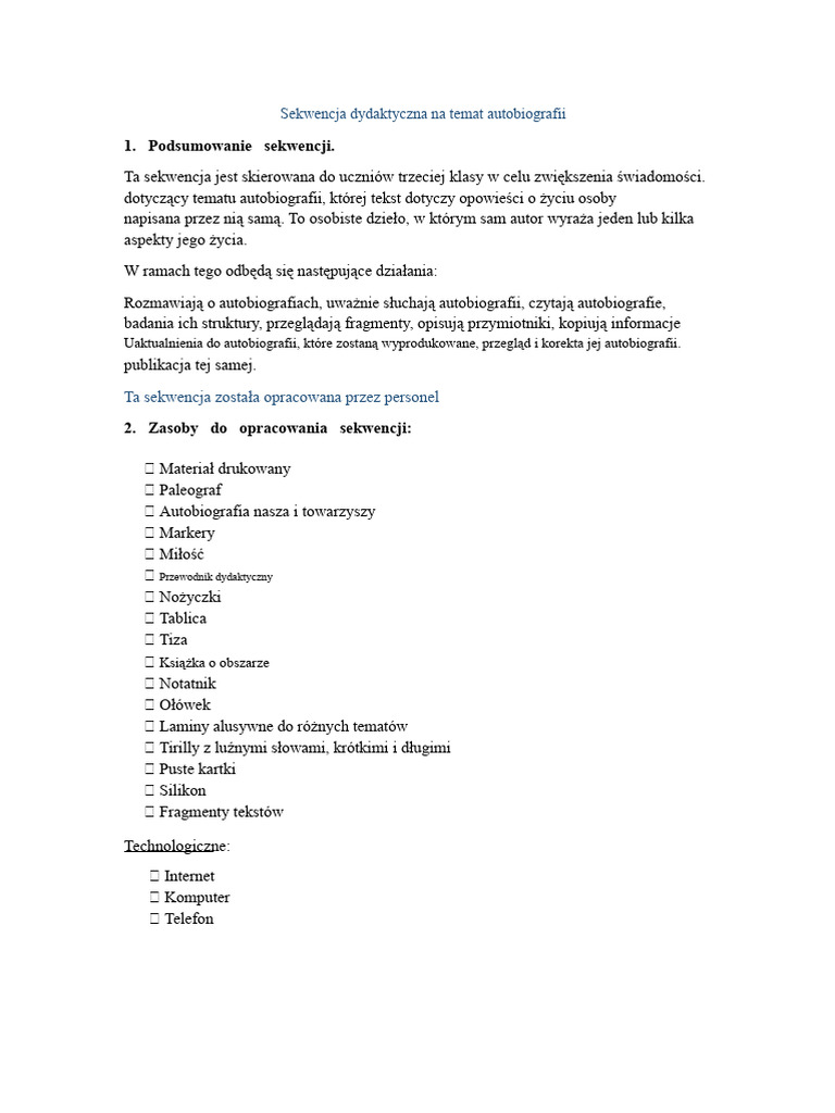 Sequeńcja Dydaktyczna o Autobiografii | PDF