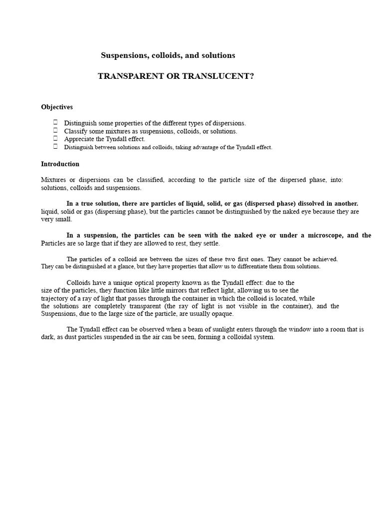 Experiment 17 Suspensions, Colloids, and Solutions | PDF | Colloid ...
