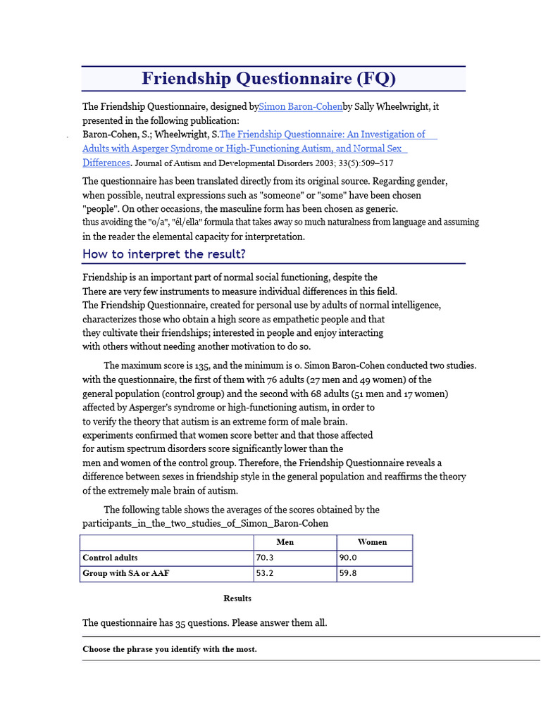 Friendship Questionnaire | PDF | Friendship | Autism