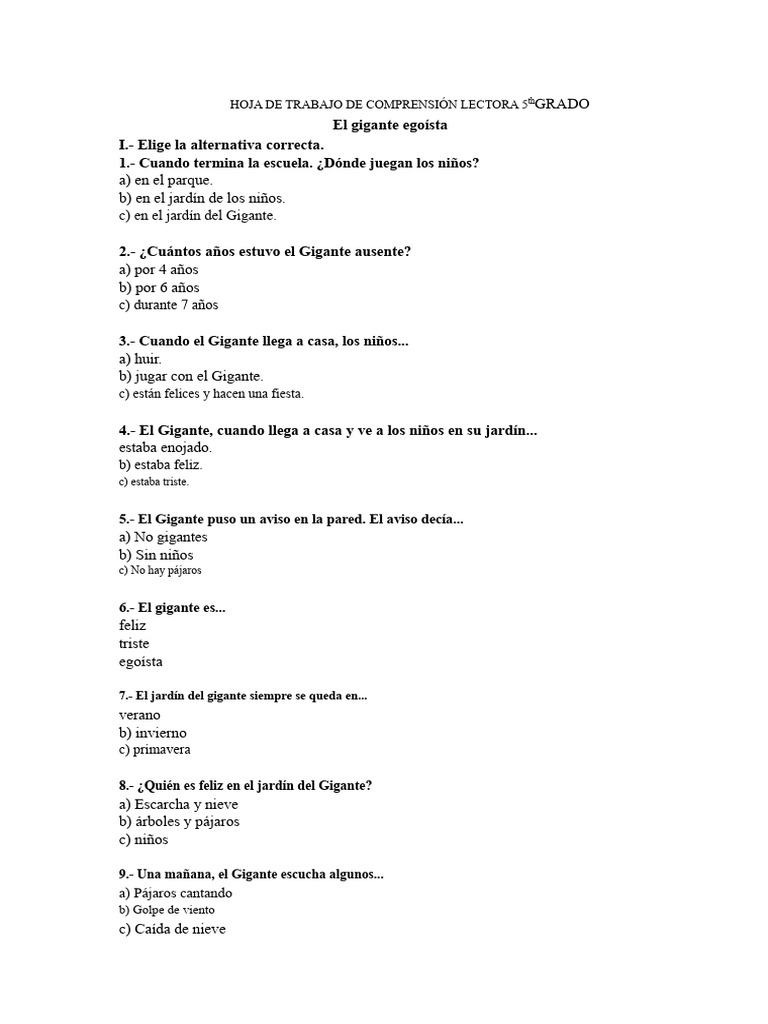 Prueba de Comprensión Lectora "El Gigante Egoísta" 5 Básico | PDF