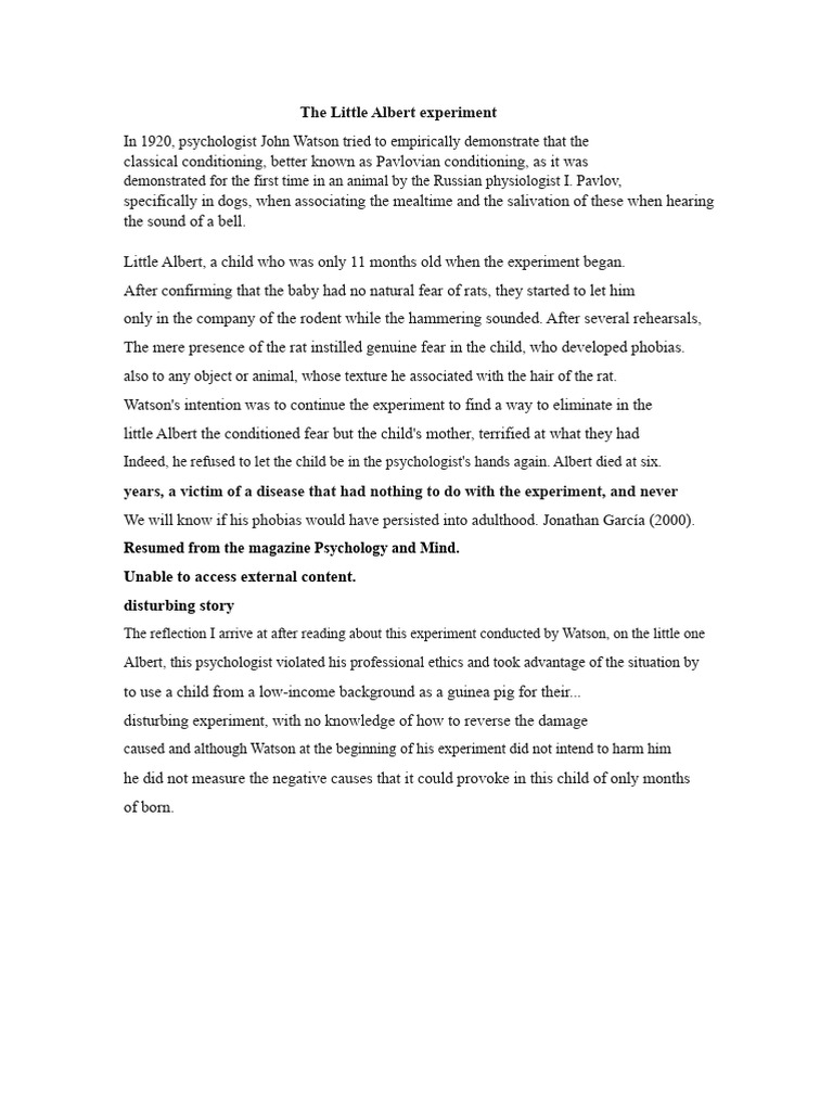 The Little Albert Experiment Explained | PDF