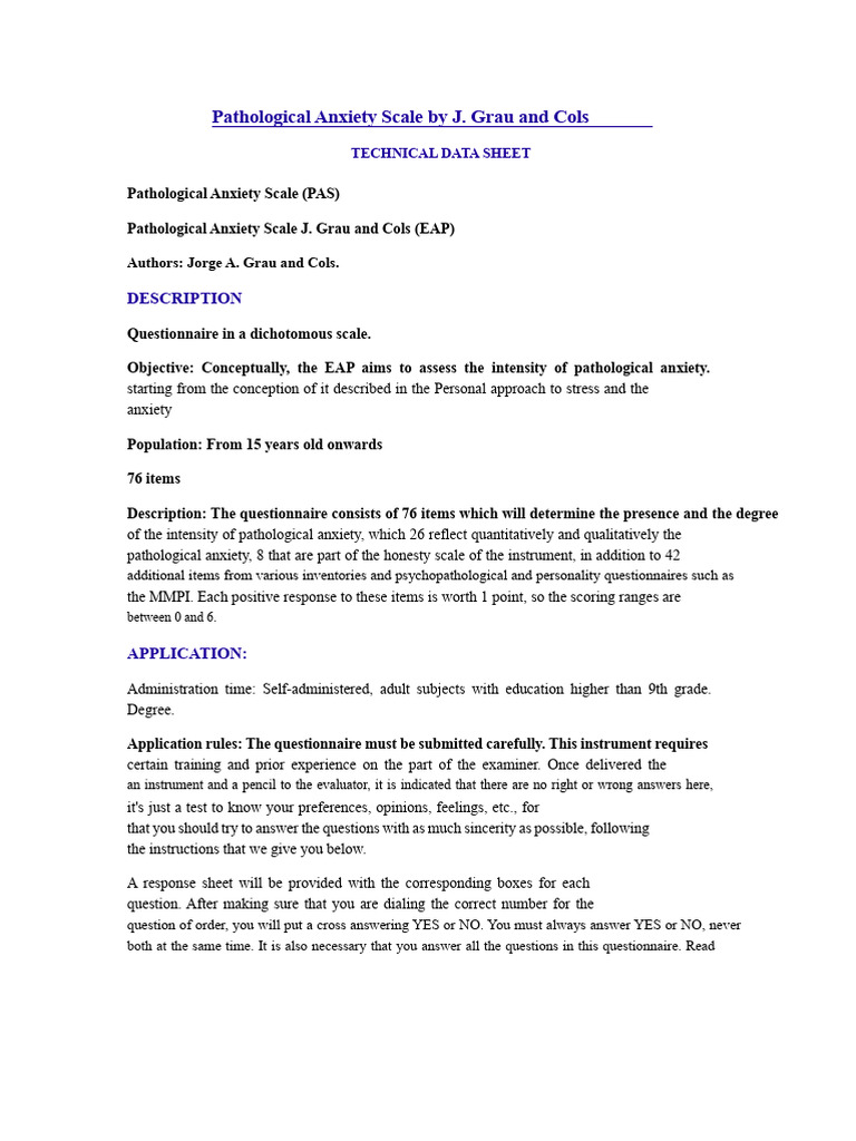 Pathological Anxiety Scale Overview | PDF | Questionnaire | Anxiety