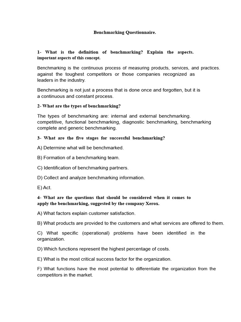 Benchmarking Questionnaire | PDF | Benchmarking | Business