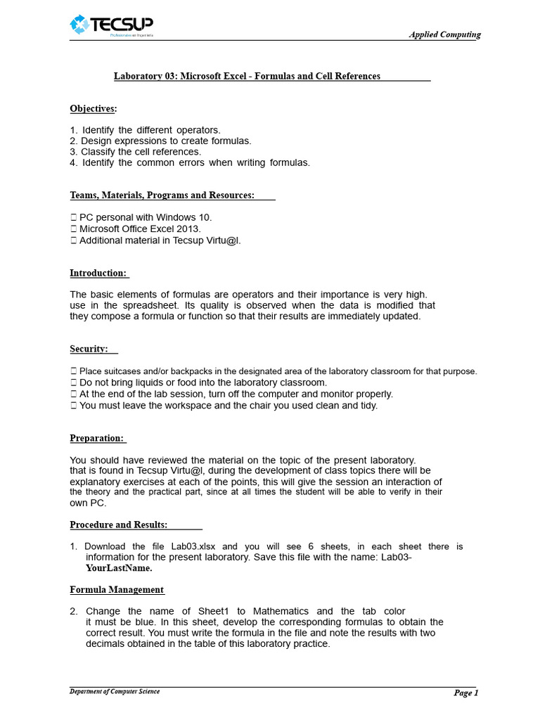 Excel Formulas and Cell References Guide | PDF | Microsoft Excel ...
