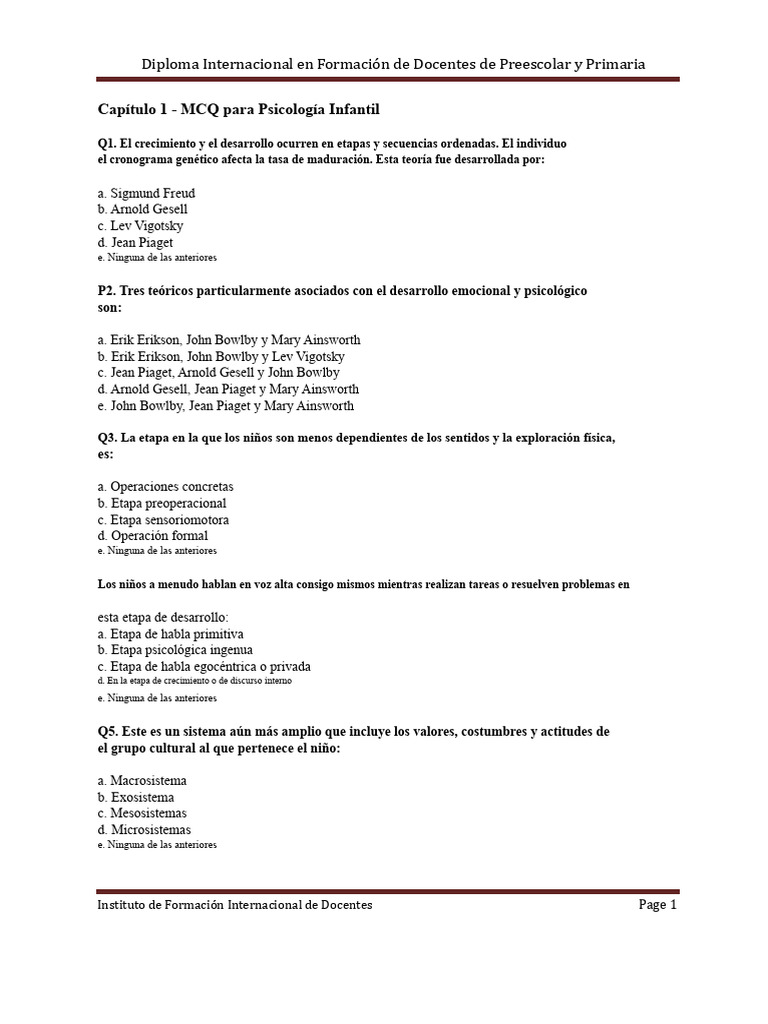 MCQs de PPTTC(1&2) | PDF | Sicología | Educación de la primera infancia