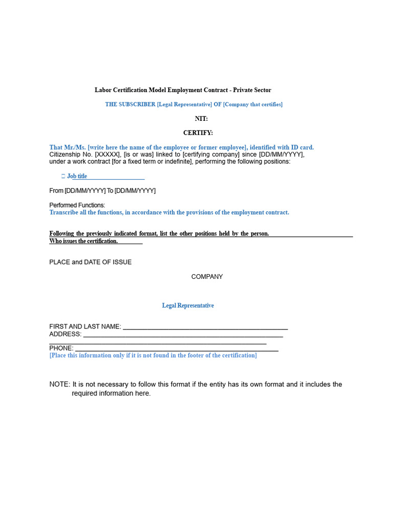 Labor Certification Employment Contract Template | PDF