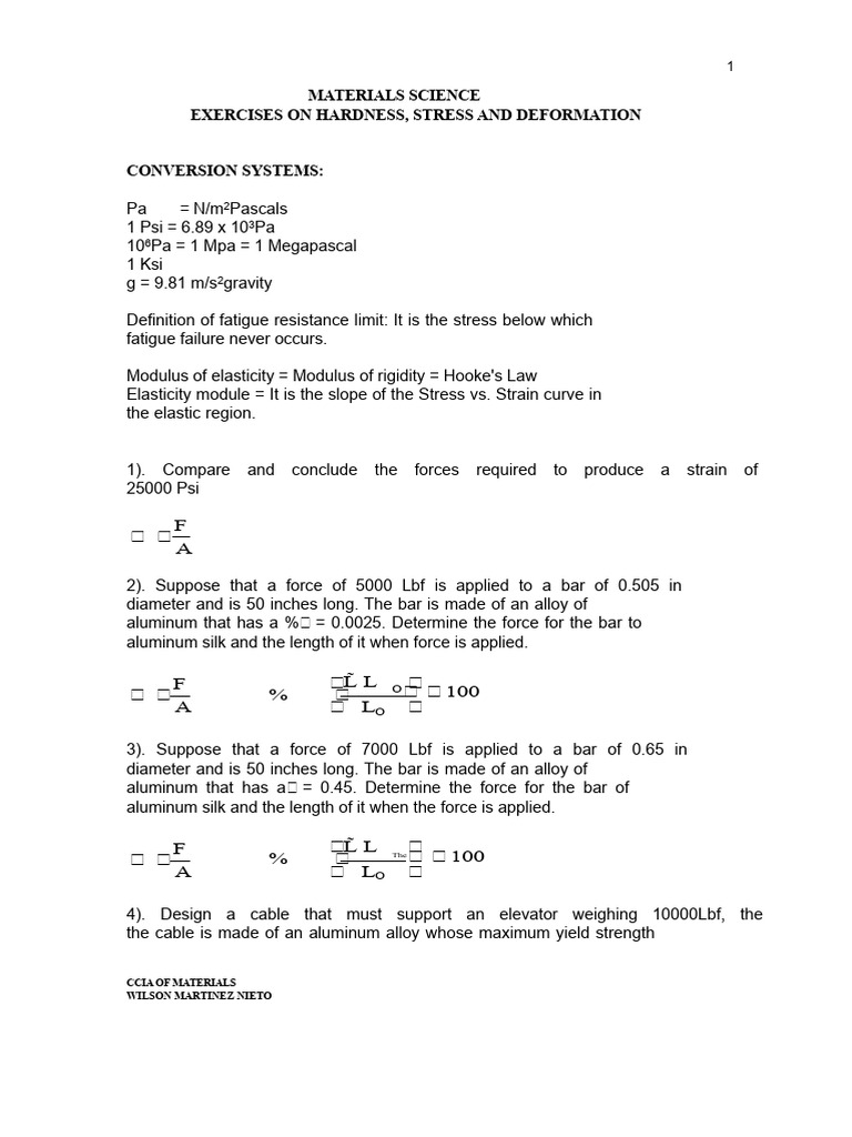 Hardness-Stress-Strain Exercises | PDF | Deformation (Engineering) | Strength Of Materials