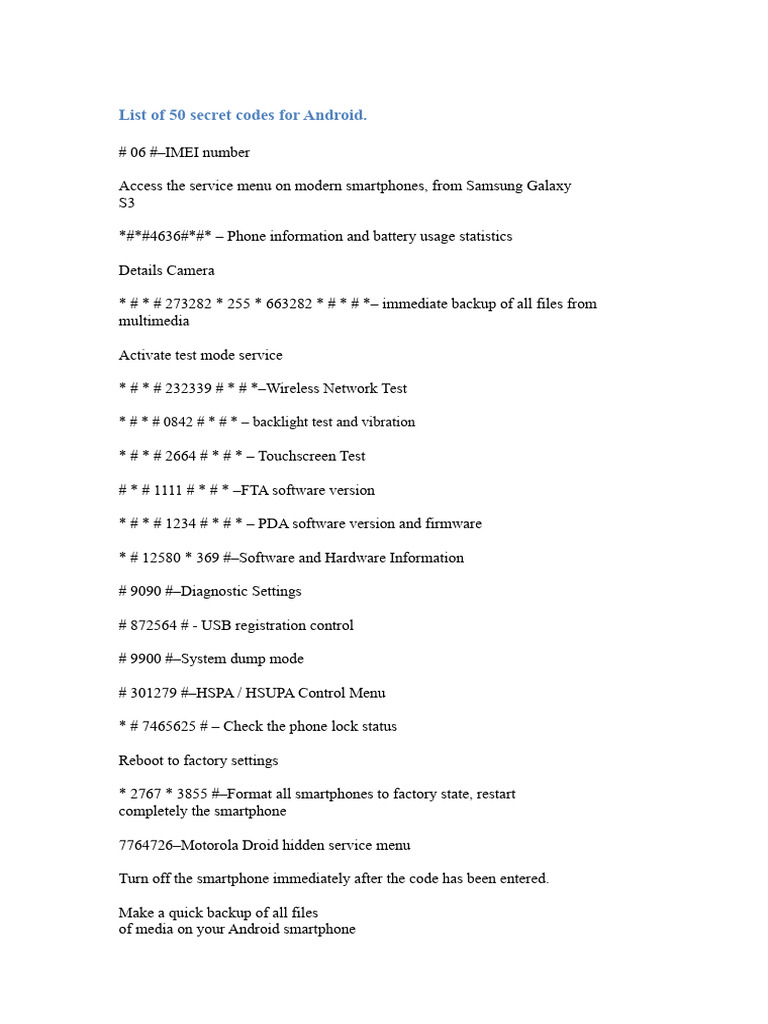 50 Secret Codes for Android Devices | PDF | Smartphone | Android ...