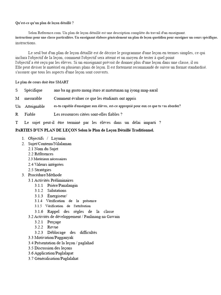 Guide du Plan de Leçon Détaillé | PDF | Cognition | Apprentissage