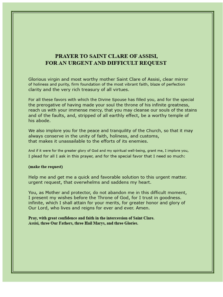 Urgent Prayer to Saint Clare of Assisi | PDF