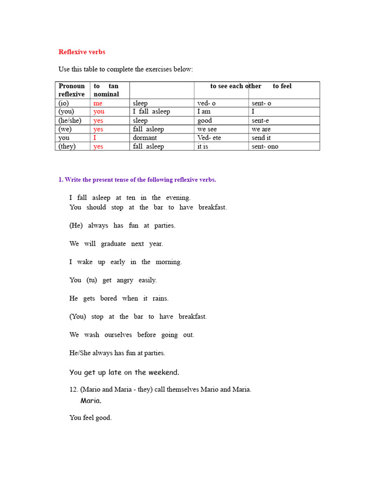 Reflexive Verbs - Exercises | PDF