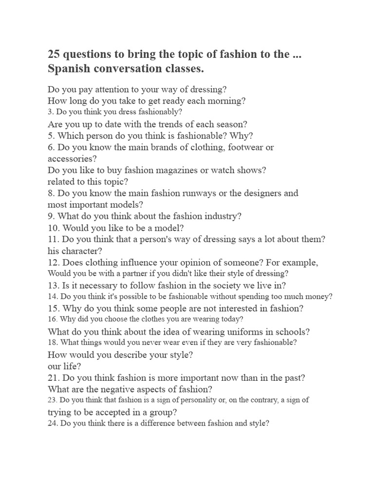 25 Fashion Questions for Spanish Classes | PDF
