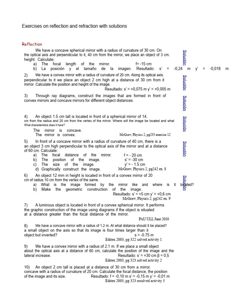 Exercises On Reflection and Refraction With Solutions PDF | PDF ...