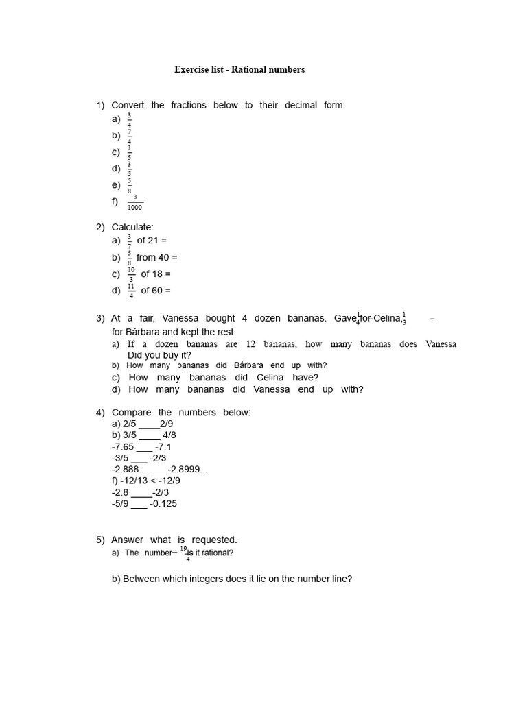 Rational Numbers Exercise List | PDF | Decimal | Rational Number