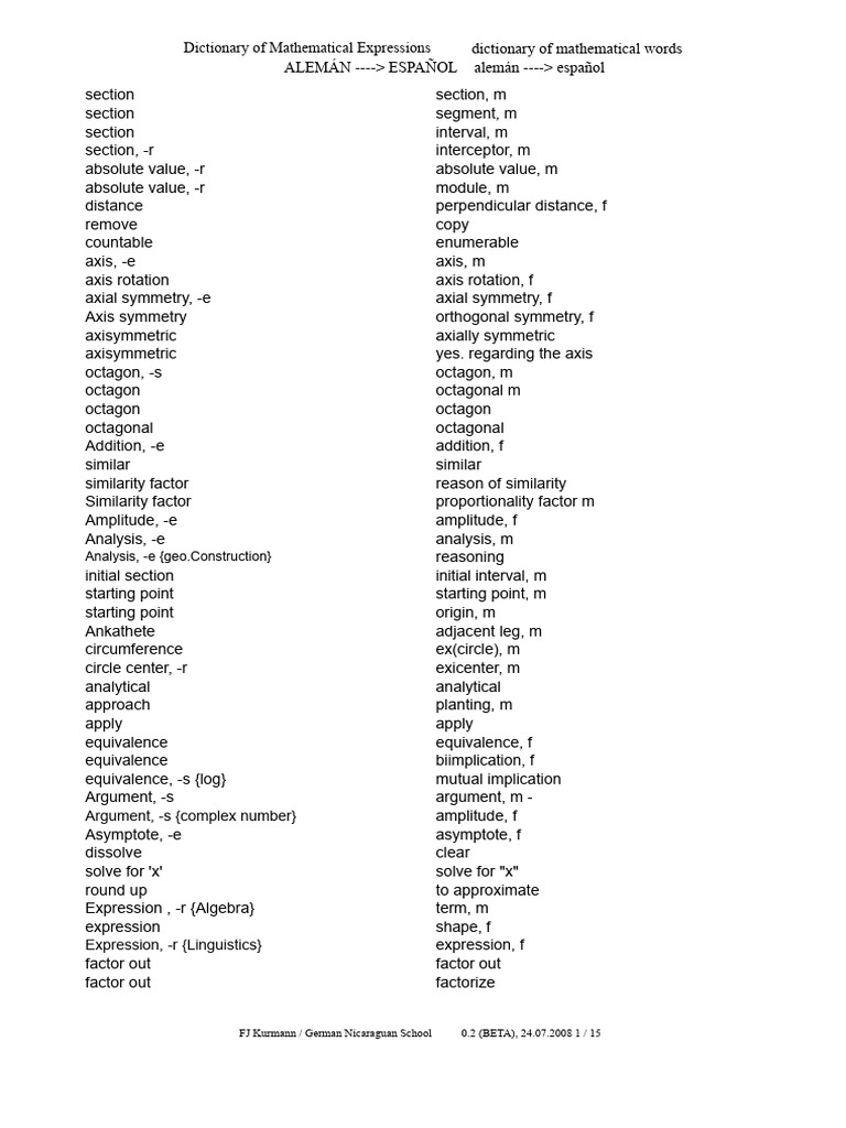 German-Spanish Math Terms Dictionary | PDF | Triangle | Numbers