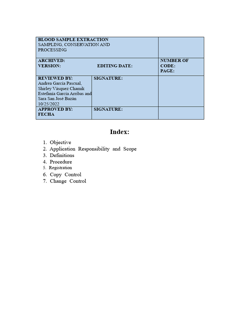 SOP for Blood Sample Collection | PDF | Blood | Body Fluids