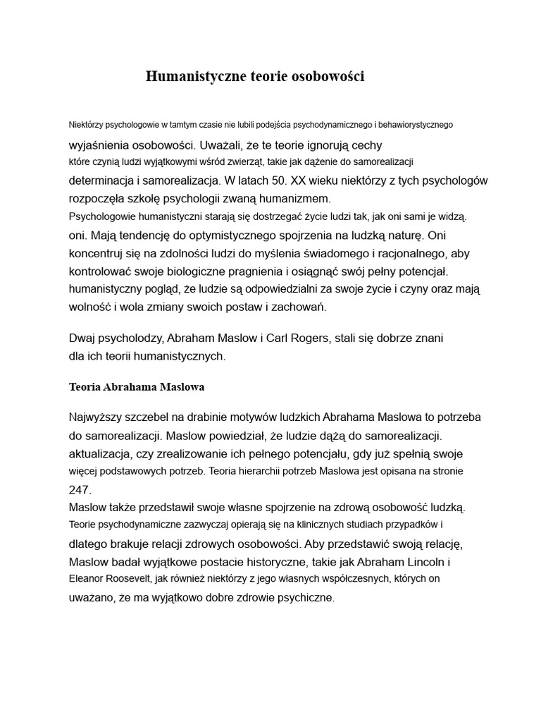 Teorie Humanistyczne Osobowości | PDF
