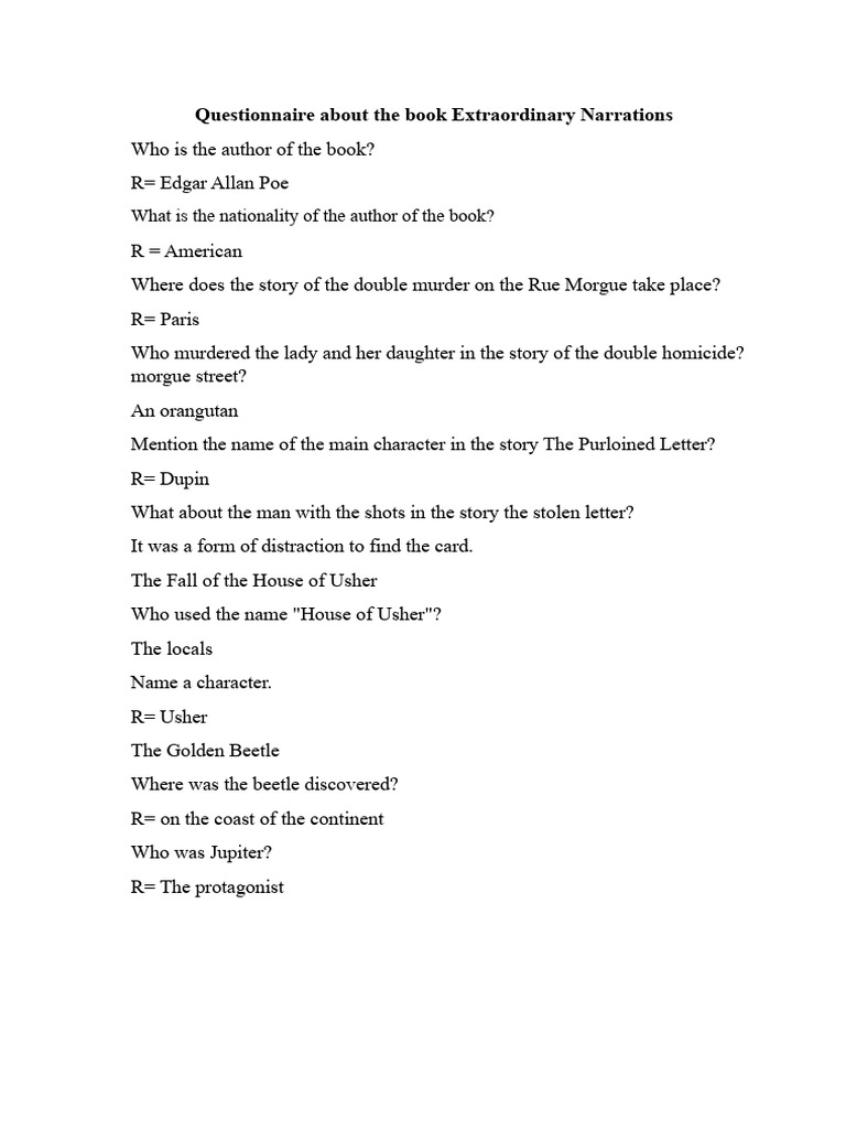 Edgar Allan Poe Book Questionnaire | PDF | Short Stories Adapted Into ...