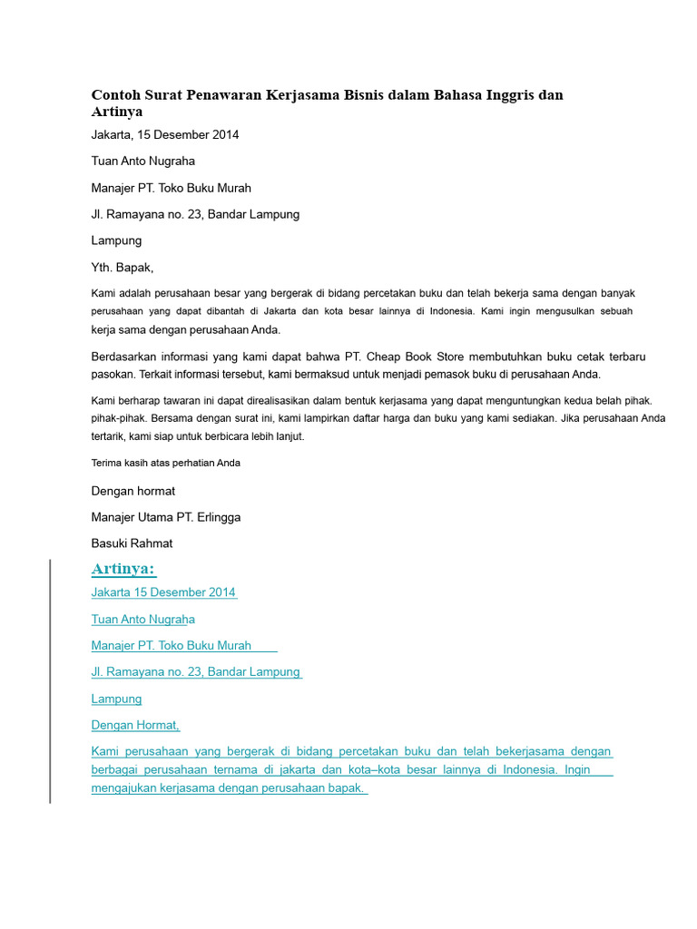 Contoh Surat Penawaran Kerjasama Bisnis Dalam Bahasa Inggris Dan ...