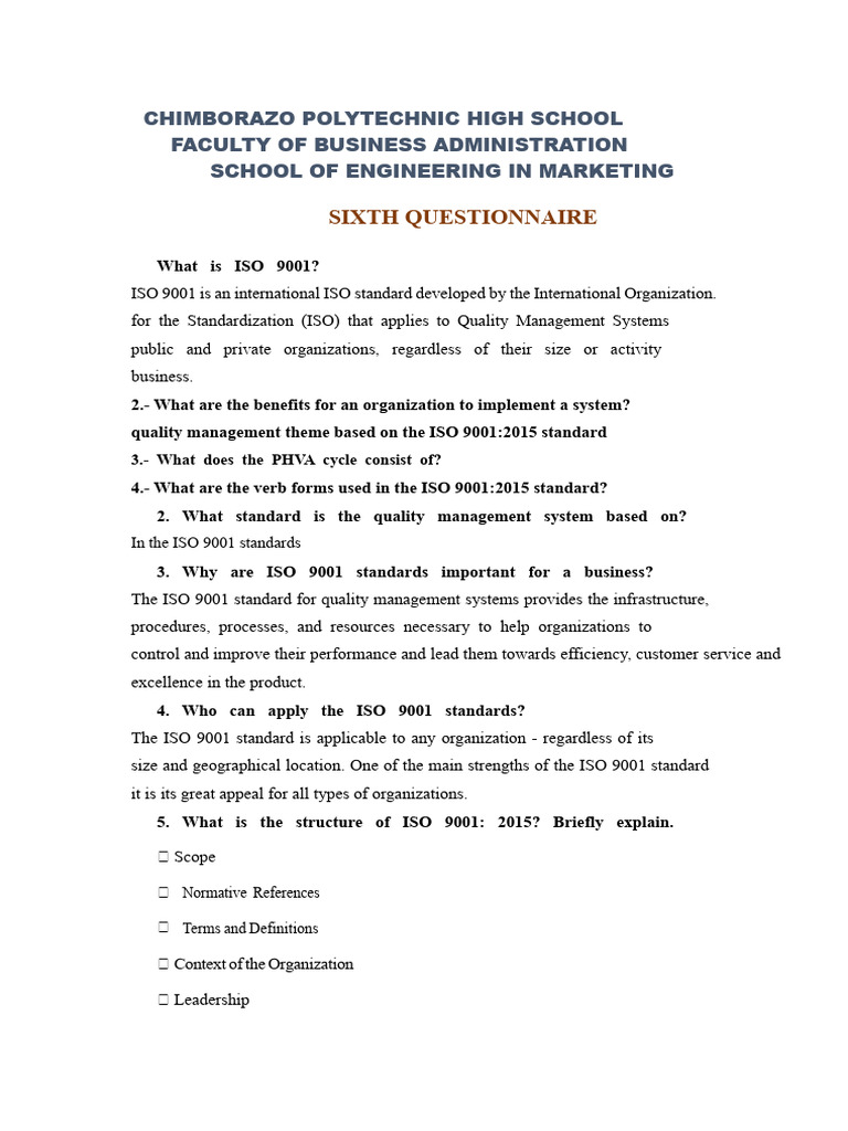 ISO Standards Questionnaire | PDF | Audit | Quality Management