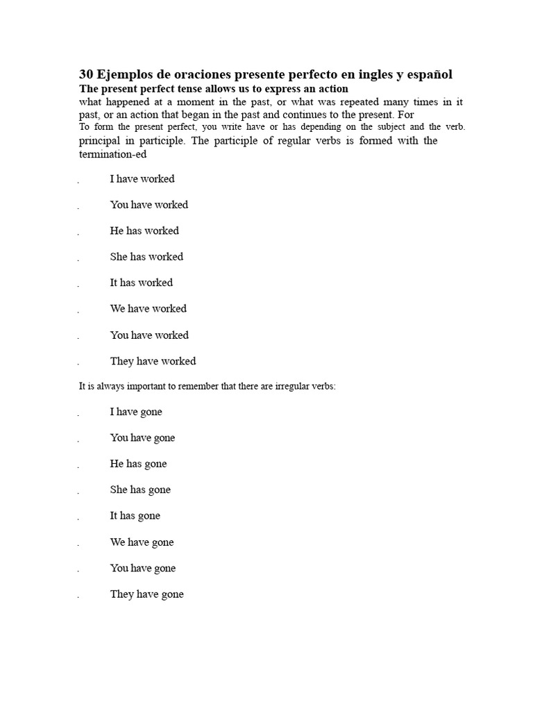 Ejemplos de Oraciones en Presente Perfecto | PDF | Verb | Grammar
